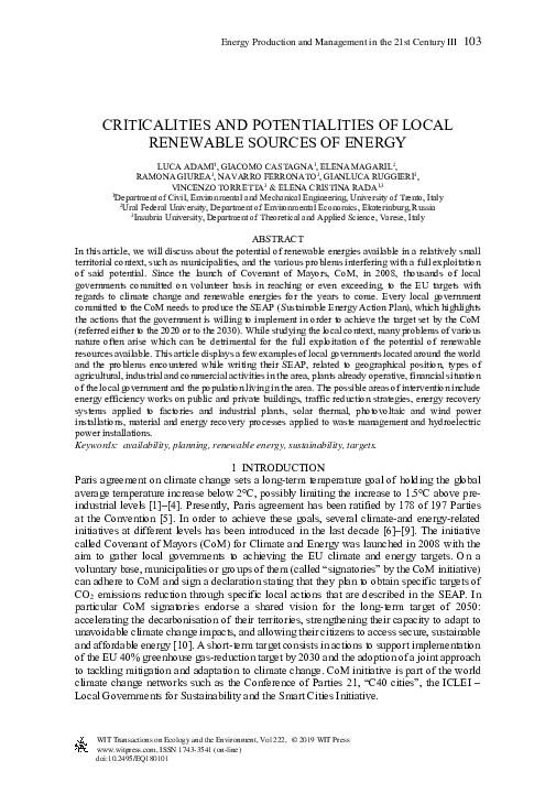 (PDF) Criticalities and Potentialities of Local Renewable Sources of Energy