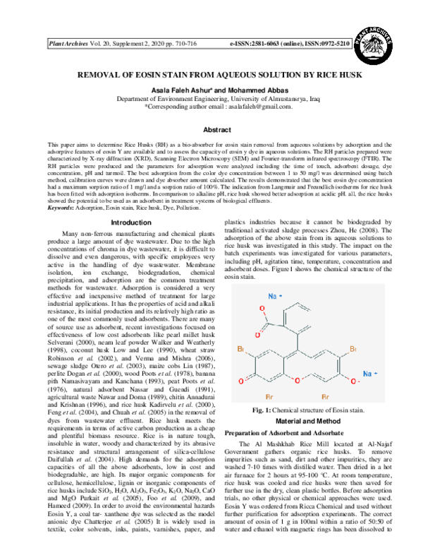 (PDF) Removal of Eosin Stain from Aqueous Solution by Sunflower Husk