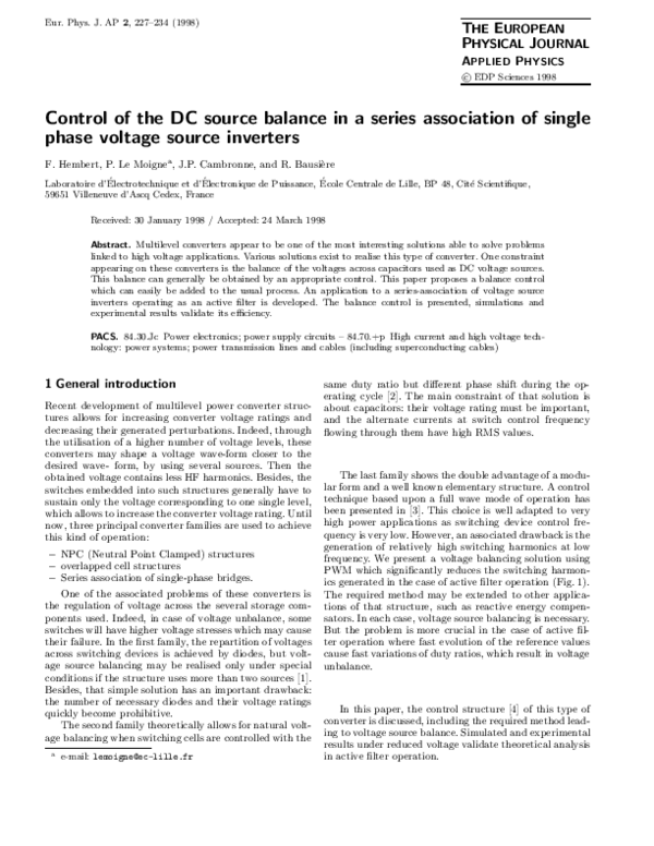 (PDF) Control of the DC source balance in a series association of single phase voltage source ...