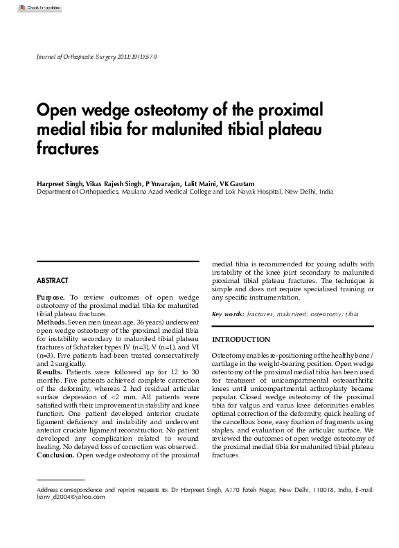 (PDF) Open wedge osteotomy of the proximal medial tibia for malunited ...