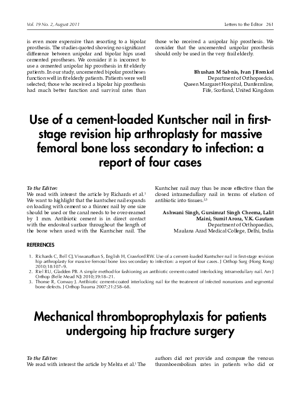 (PDF) Use of a cement-loaded Kuntscher nail in first-stage revision hip arthroplasty for massive ...