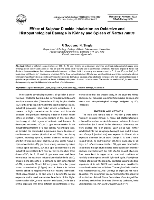 (PDF) Effect of Sulphur Dioxide Inhalation on Oxidative and ...