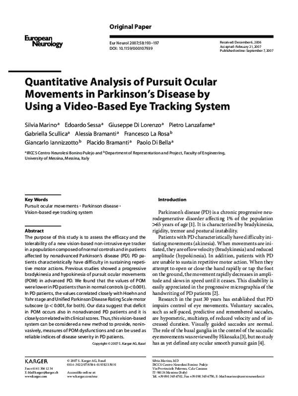 (PDF) Quantitative Analysis of Pursuit Ocular Movements in Parkinson’s Disease by Using a Video ...