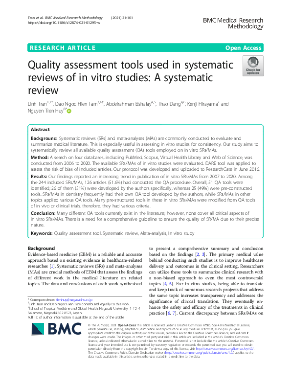 (PDF) Quality assessment tools used in systematic reviews of in vitro ...