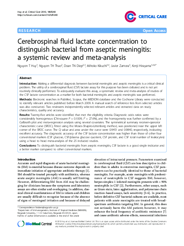 (PDF) Cerebrospinal fluid lactate concentration to distinguish bacterial from aseptic meningitis ...