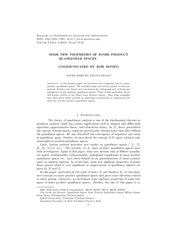 (PDF) Some New Properties of Inner Product Quasilinear Spaces (Communicated by Jose Bonet)