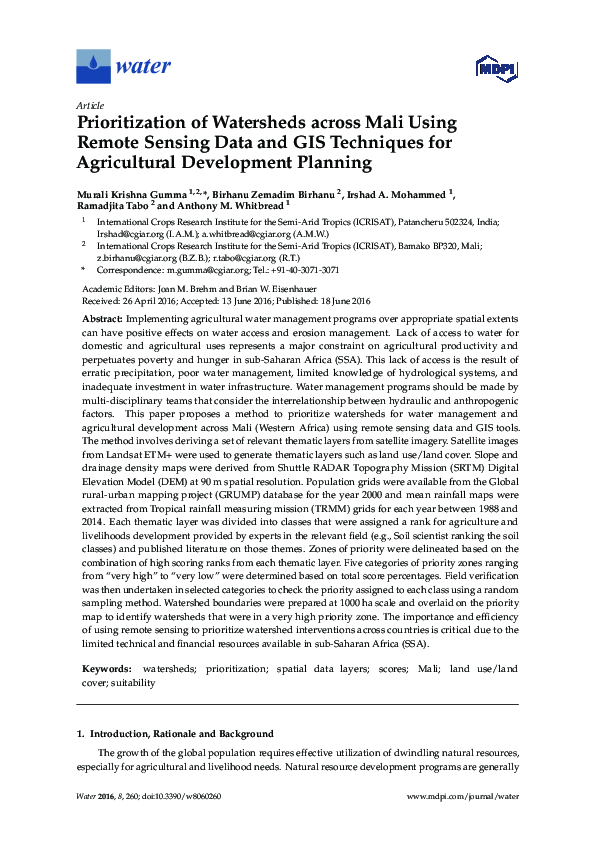 Pdf Prioritization Of Watersheds Across Mali Using Remote Sensing