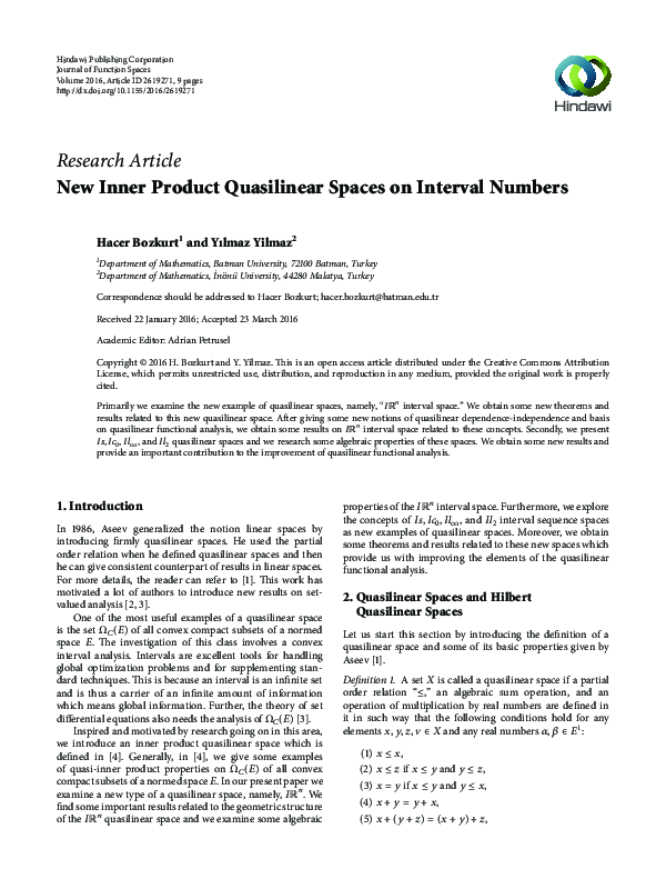 (PDF) New Inner Product Quasilinear Spaces on Interval Numbers