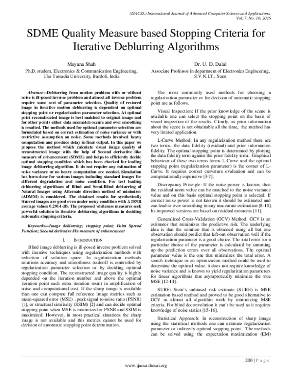 (PDF) SDME Quality Measure based Stopping Criteria for Iterative Deblurring Algorithms