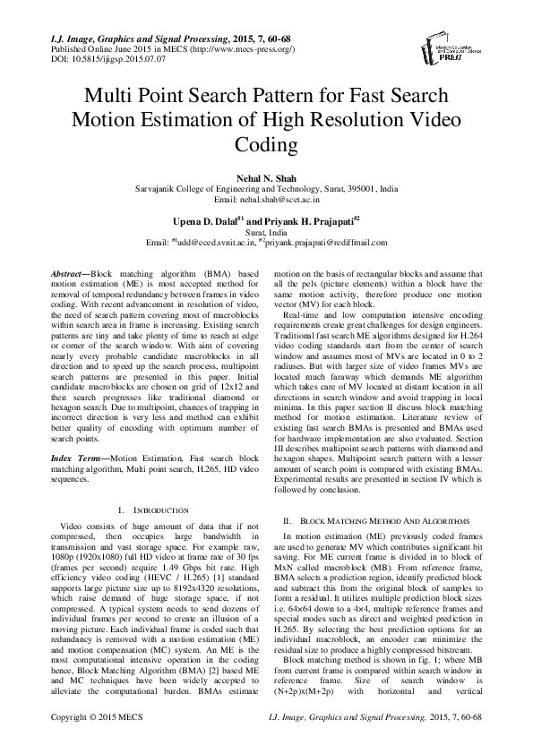 (PDF) Multi Point Search Pattern for Fast Search Motion Estimation of High Resolution Video Coding