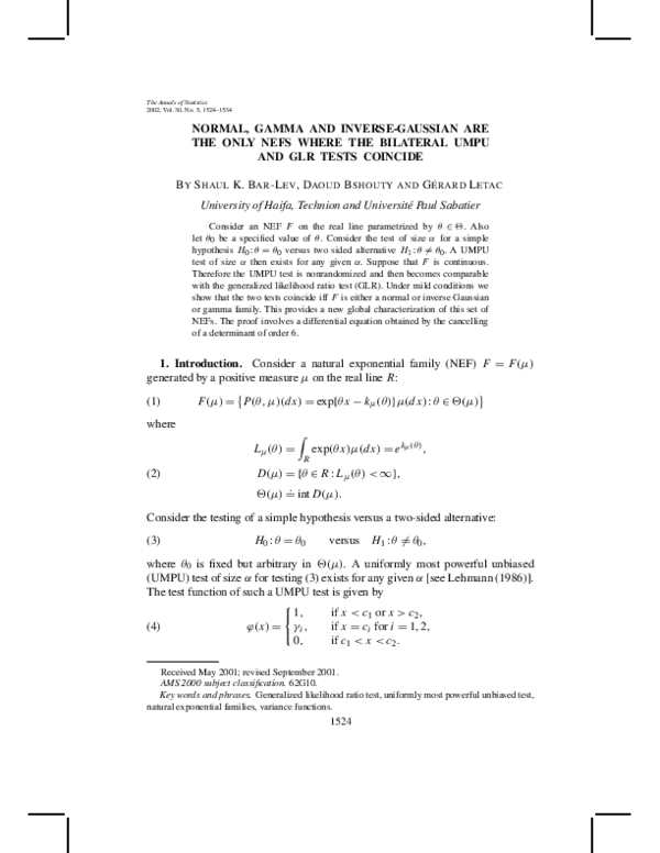 (PDF) Normal, gamma and inverse-Gaussian are the only NEFs where the ...