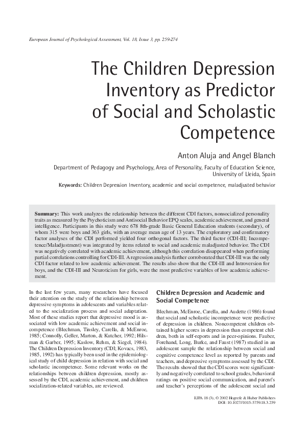 (PDF) The Children Depression Inventory as Predictor of Social and ...