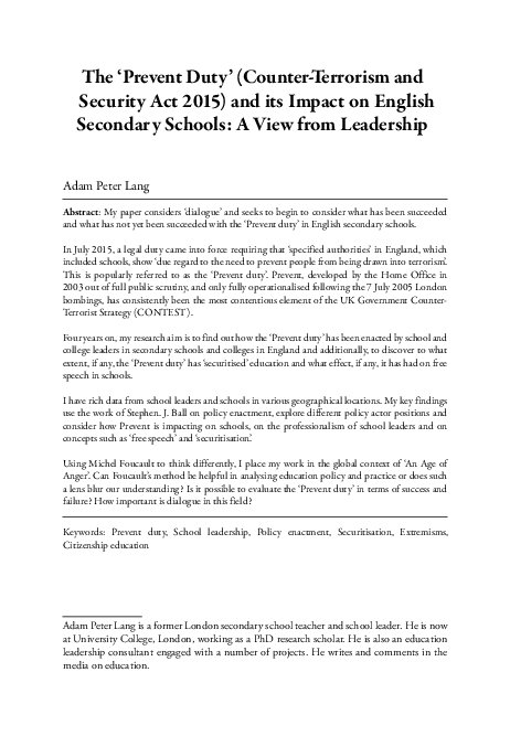 (PDF) The ‘Prevent Duty’ (Counter-Terrorism and Security Act 2015) and ...