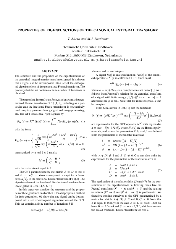 (PDF) Properties of eigenfunctions of the canonical integral transform