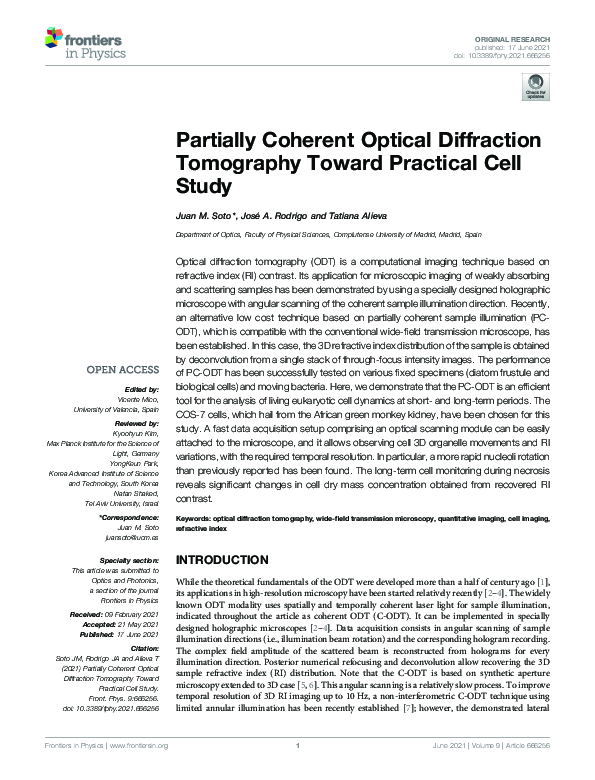(PDF) Partially Coherent Optical Diffraction Tomography Toward Practical Cell Study
