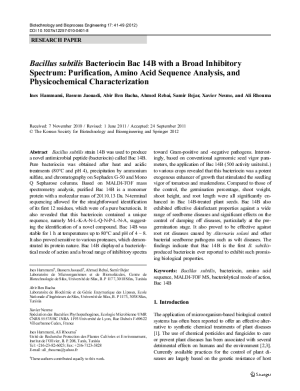 Pdf Bacillus Subtilis Bacteriocin Bac 14b With A Broad Inhibitory Spectrum Purification