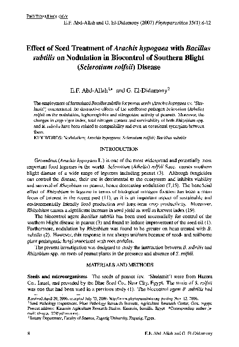 (PDF) Effect of seed treatment ofArachis hypogaea withBacillus subtilis ...