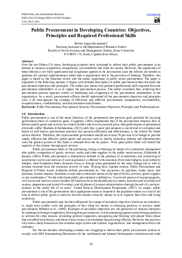 (PDF) Public Procurement in Developing Countries: Objectives, Principles and Required ...