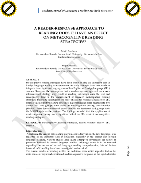 (PDF) A Reader-Response Approach to Reading: Does It Have an Effect on Metacognitive Reading ...
