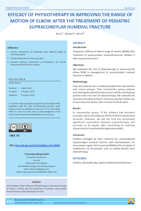 (PDF) Efficacy of Physiotherapy in Improving the Range of Motion of Elbow after the Treatment of ...