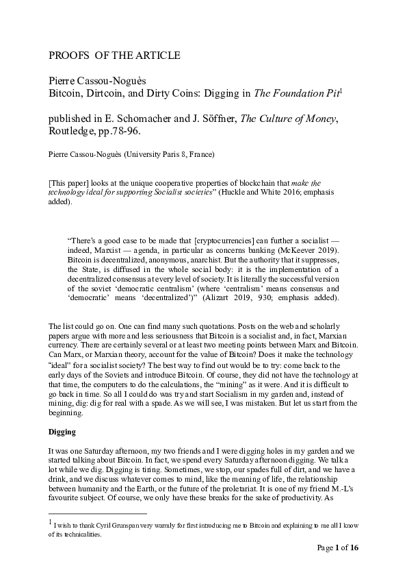 (PDF) Bitcoin, Dirtcoin, and Dirty Coins: Digging in The Foundation Pit