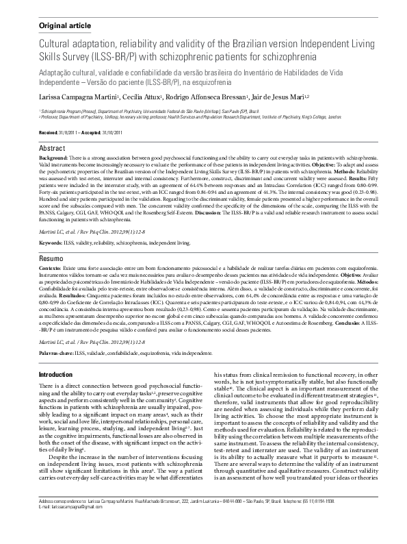 (PDF) Cultural adaptation, reliability and validity of the Brazilian version Independent Living ...
