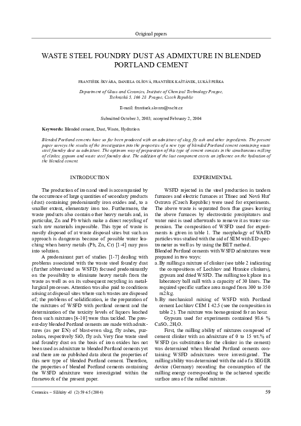 (PDF) Waste steel foundry dust as admixture in blended portland cement
