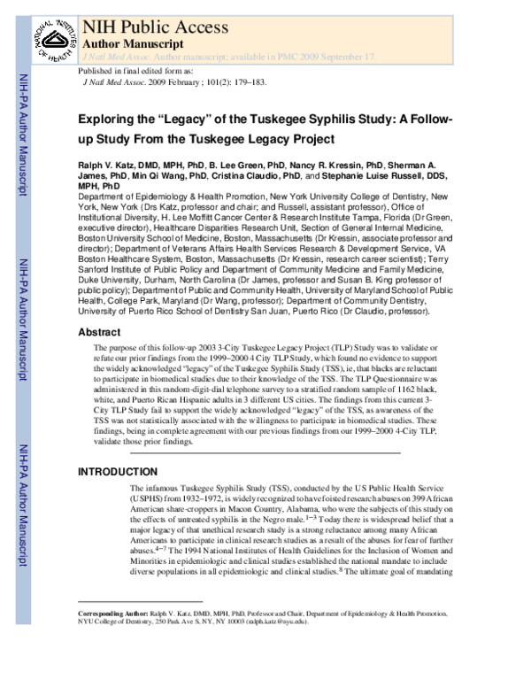 (PDF) Exploring the “Legacy” of the Tuskegee Syphilis Study: A Follow ...