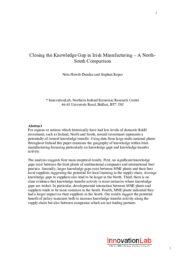 (PDF) Closing the knowledge gap in Irish manufacturing - a north-south comparison