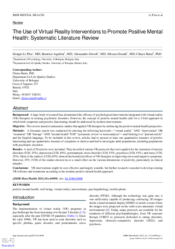 (PDF) The Use of Virtual Reality Interventions to Promote Positive Mental Health: Systematic ...
