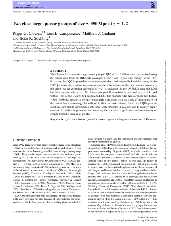 (PDF) Two close large quasar groups of size ∼ 350 Mpc at
