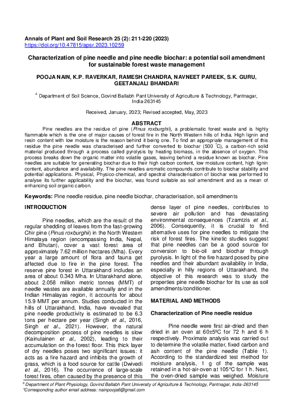(PDF) Characterization of pine needle and pine needle biochar: a ...