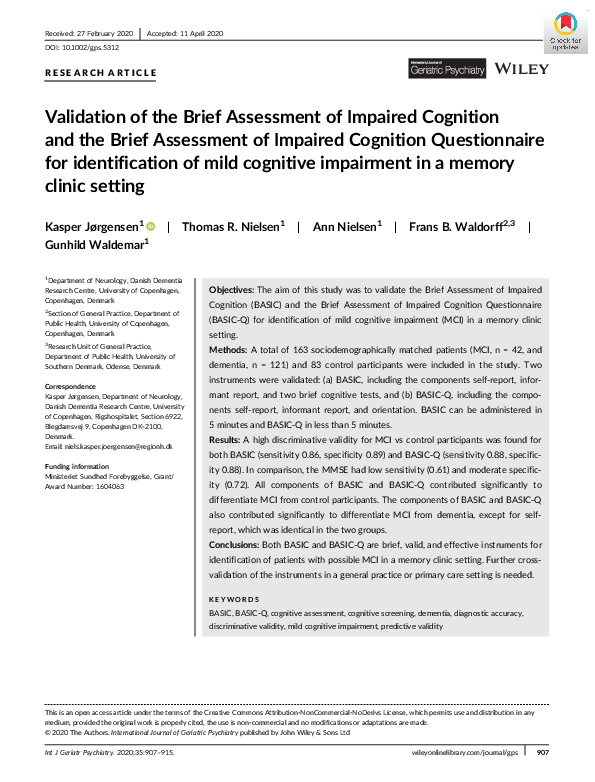 (PDF) Validation of the Brief Assessment of Impaired Cognition and the ...
