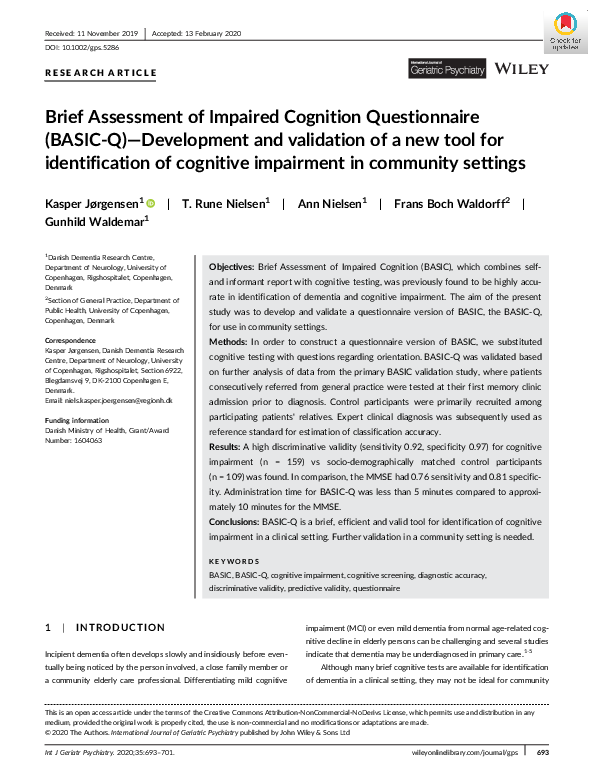(PDF) Brief Assessment of Impaired Cognition Questionnaire (BASIC‐Q)—Development and validation ...