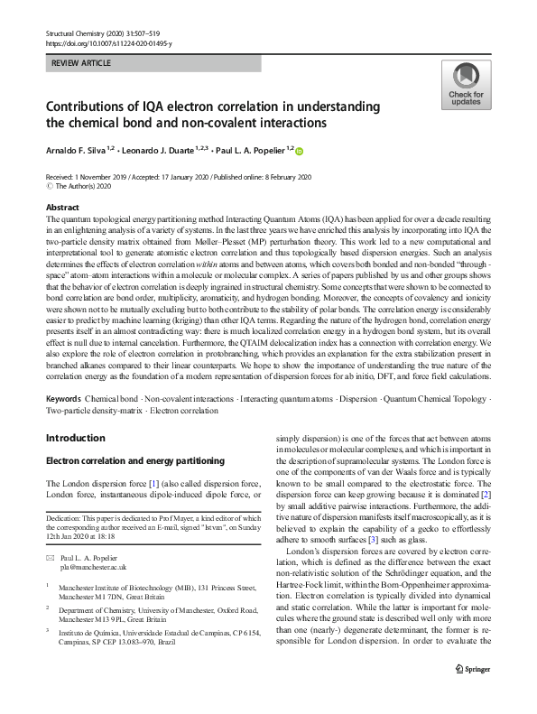 (PDF) Contributions of IQA electron correlation in understanding the chemical bond and non ...