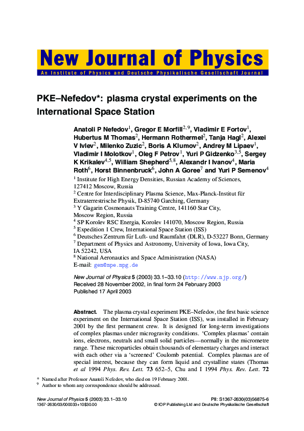 (PDF) PKE-Nefedov*: plasma crystal experiments on the International ...