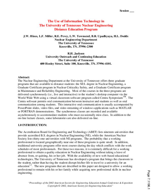 (PDF) The Use Of Technology In The University Of Tennessee's Nuclear ...