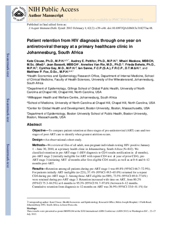 (PDF) Patient Retention From HIV Diagnosis Through One Year on ...