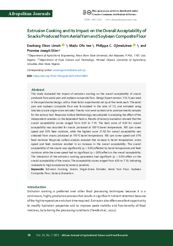 (PDF) Extrusion Cooking and its Impact on the Overall Acceptability of ...