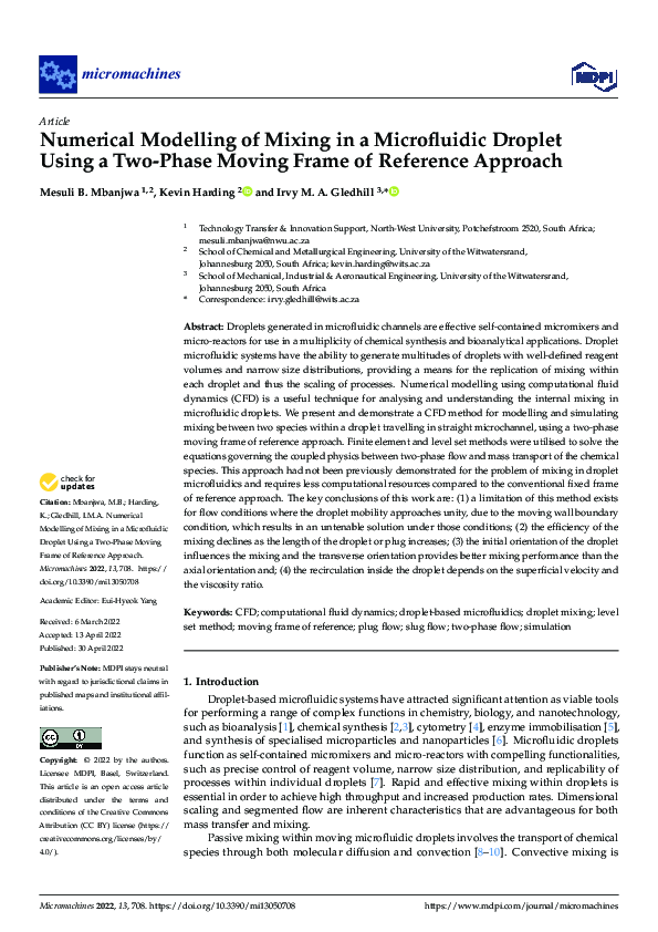 (PDF) Numerical Modelling of Mixing in a Microfluidic Droplet Using a Two-Phase Moving Frame of ...