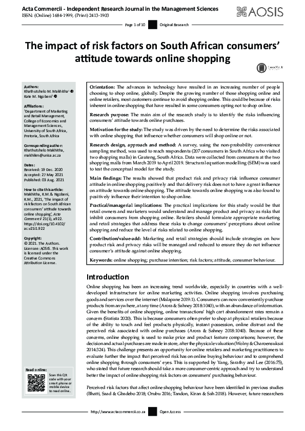 Pdf The Impact Of Risk Factors On South African Consumers Attitude Towards Online Shopping