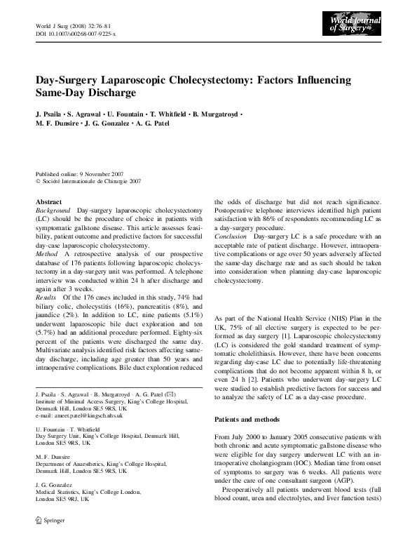 (PDF) Day-Surgery Laparoscopic Cholecystectomy: Factors Influencing ...