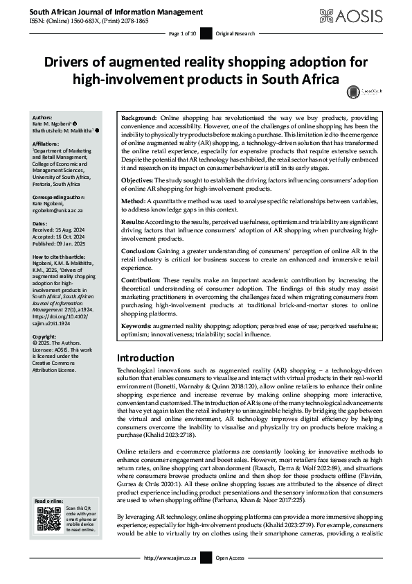 (PDF) Drivers of augmented reality shopping adoption for high ...
