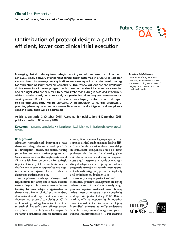 (PDF) Optimization of protocol design: a path to efficient, lower cost clinical trial execution