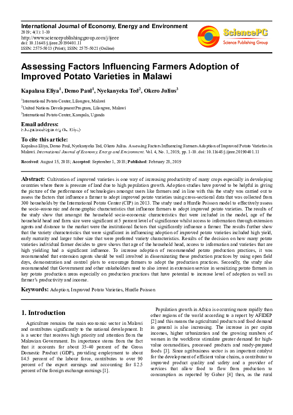 (PDF) Assessing Factors Influencing Farmers Adoption of Improved Potato Varieties in Malawi