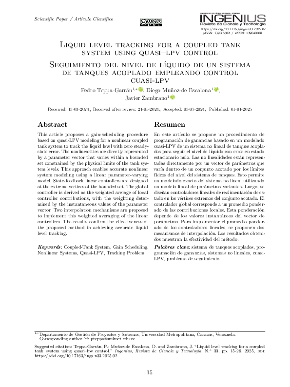 (PDF) Liquid level tracking for a coupled tank system using quasi–lpv control