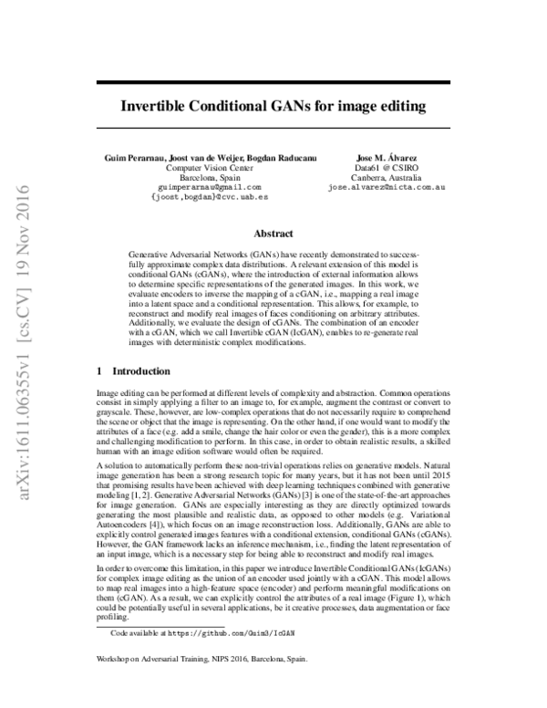 (PDF) Invertible Conditional GANs for image editing