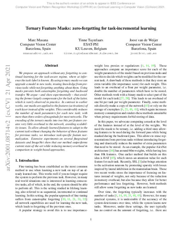 (PDF) Ternary Feature Masks: zero-forgetting for task-incremental learning