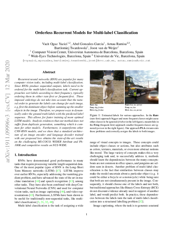 (PDF) Orderless Recurrent Models for Multi-label Classification