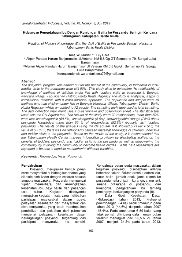 (PDF) Hubungan Pengetahuan Ibu Dengan Kunjungan Balita ke Posyandu Beringin Kencana Tabunganen ...